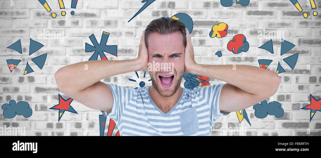 Composite image of handsome man screaming while covering ears Stock ...