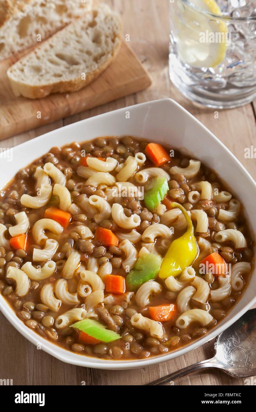 Lentil Soup with Hot Peppers and Elbow Macaroni Stock Photo - Alamy
