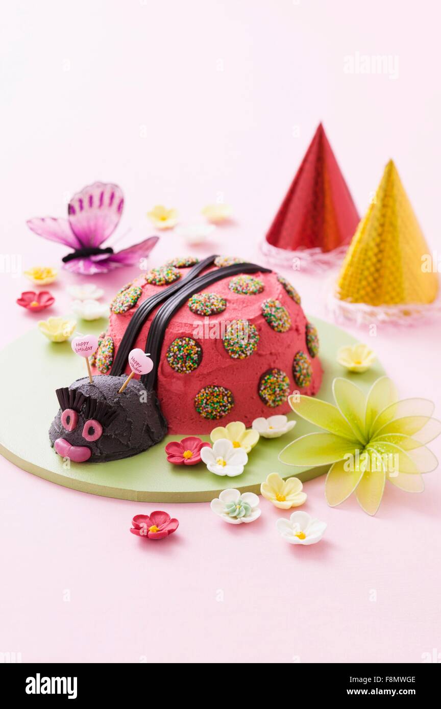 A child's birthday cake (a ladybird) and party decorations Stock Photo ...