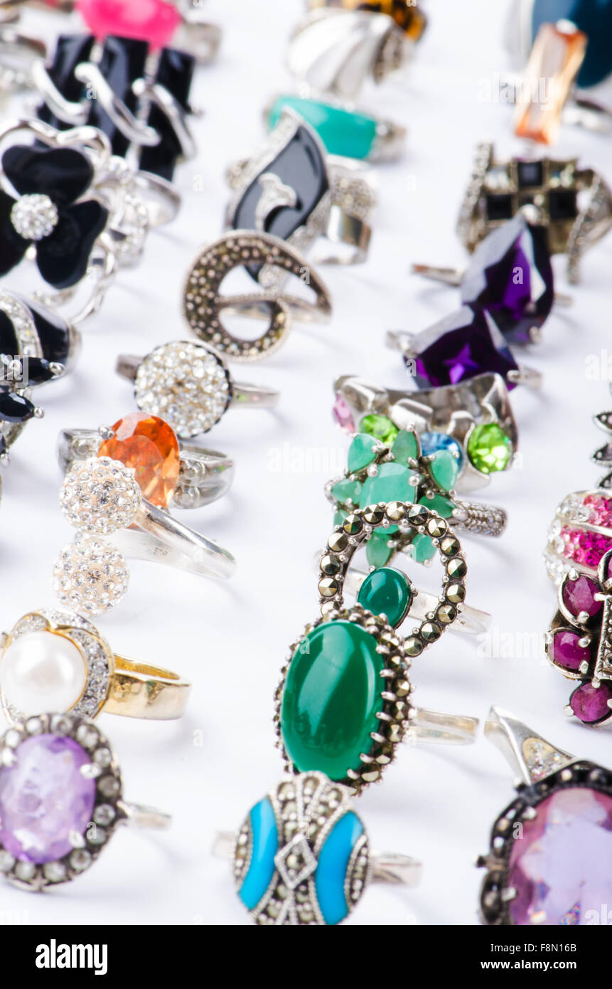 Collection of jewellery rings on white Stock Photo - Alamy