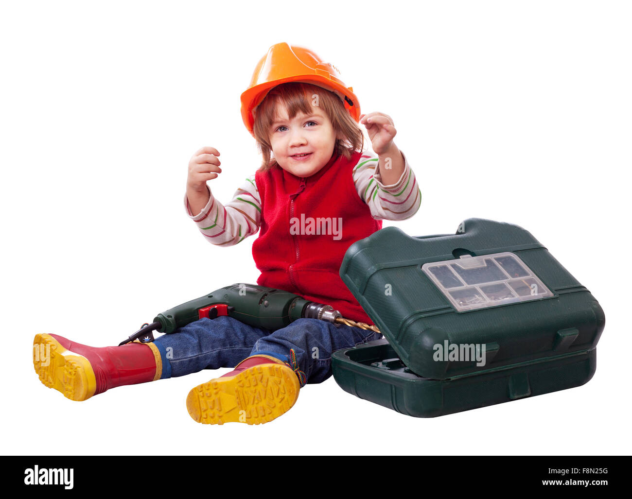Baby builder in hardhat with tools. Isolated over white background ...