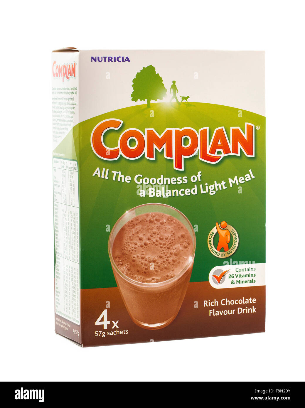 Packet of NUTRICIA Complan Chocolate Drink on a white background Stock ...