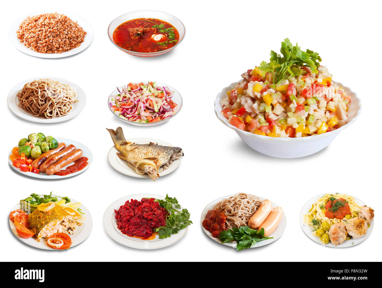 Set of many plates with food over white background with shade Stock ...