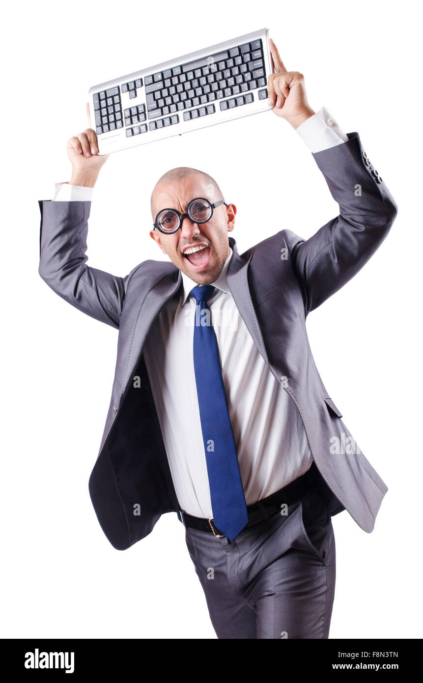 Nerd businessman with computer keyboard on white Stock Photo - Alamy