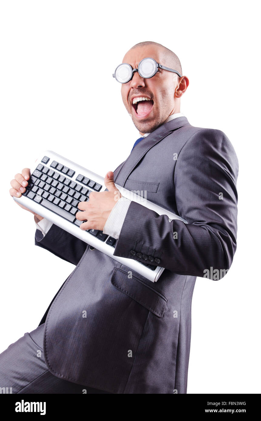 Nerd businessman with computer keyboard on white Stock Photo - Alamy