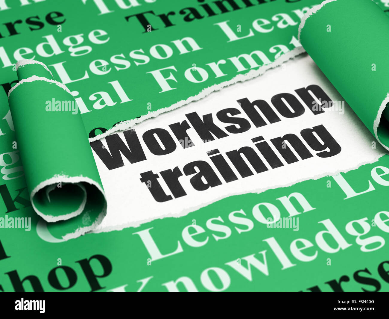 Education concept: black text Workshop Training under the piece of torn ...