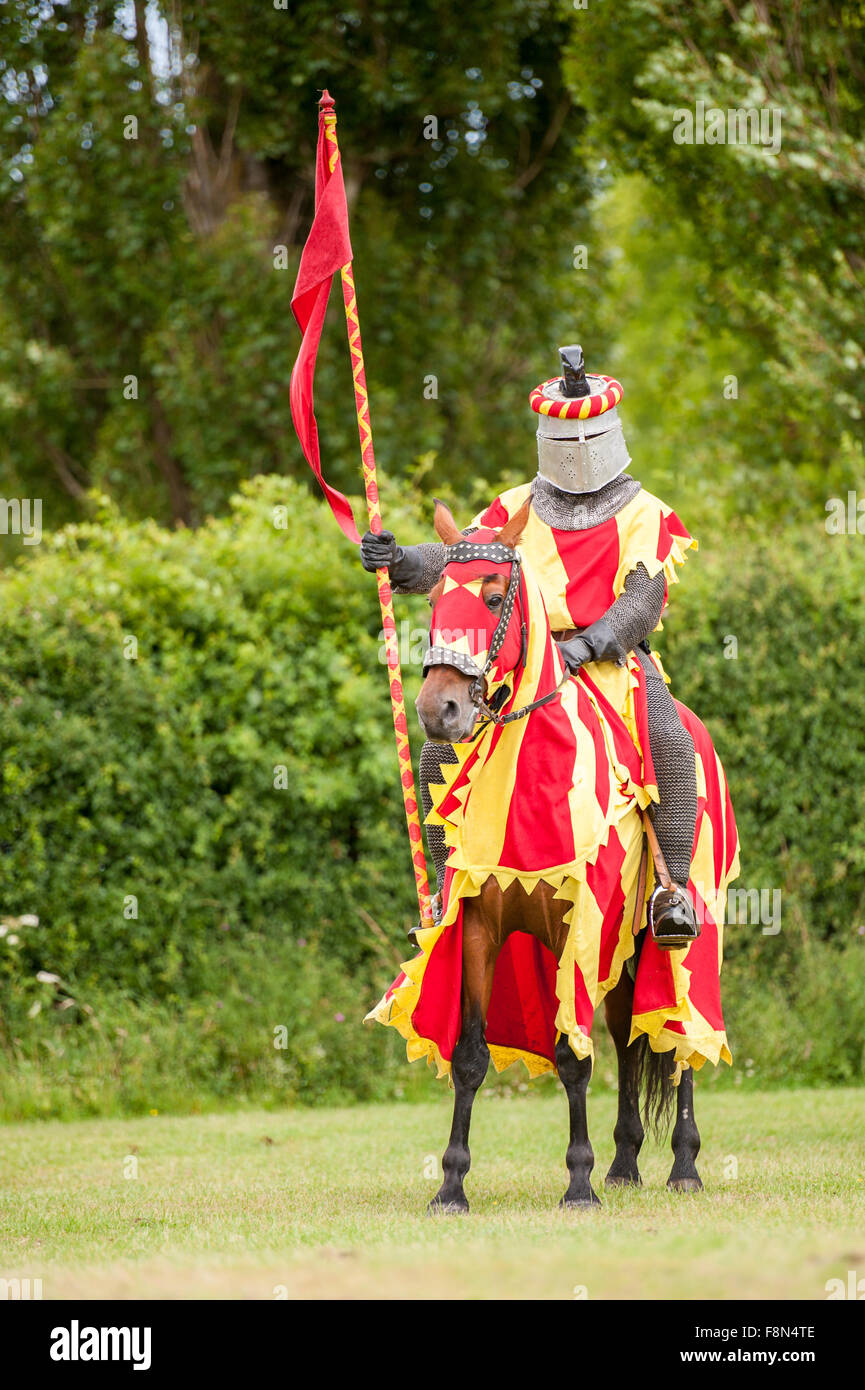 Medieval knight on a horse with flag Stock Photo - Alamy