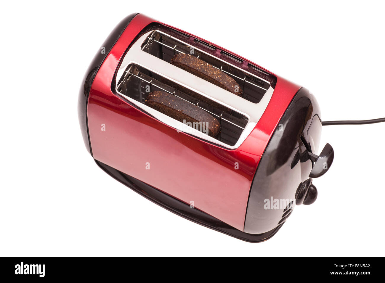 Red toaster and two slices of bread isolated on white Stock Photo - Alamy