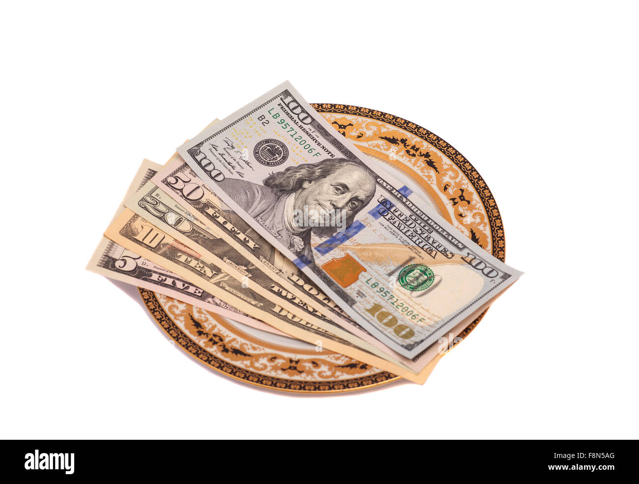 The plate with dollar banknotes isolated on white background Stock ...