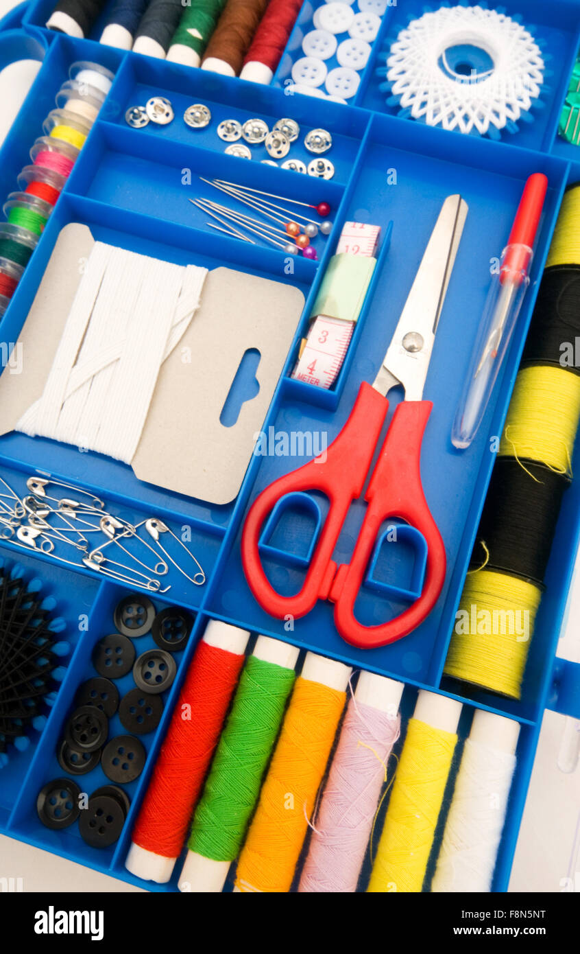 Close up of colourful sewing kit with many items Stock Photo - Alamy