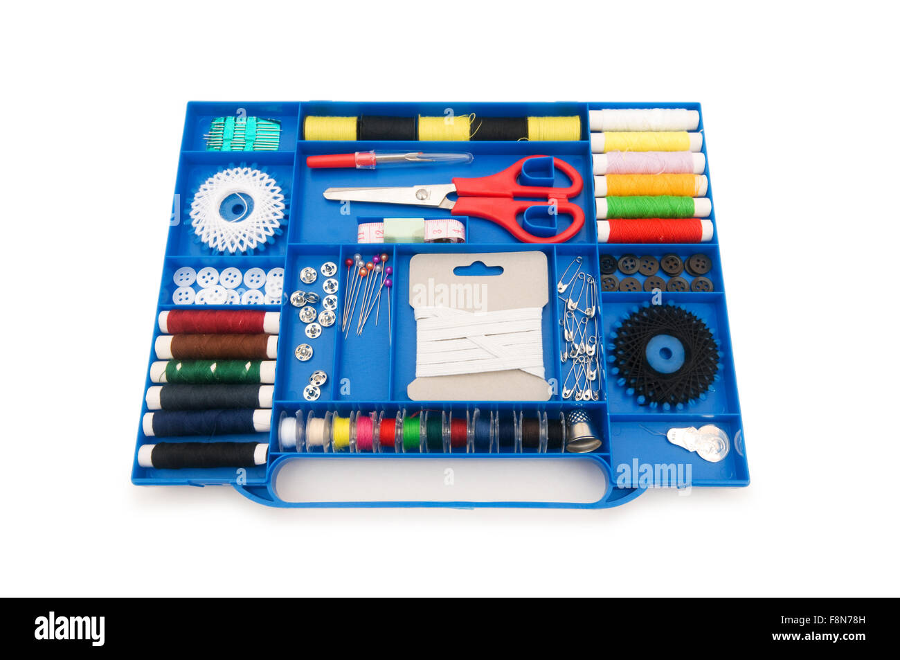 Close up of colourful sewing kit with many items Stock Photo - Alamy
