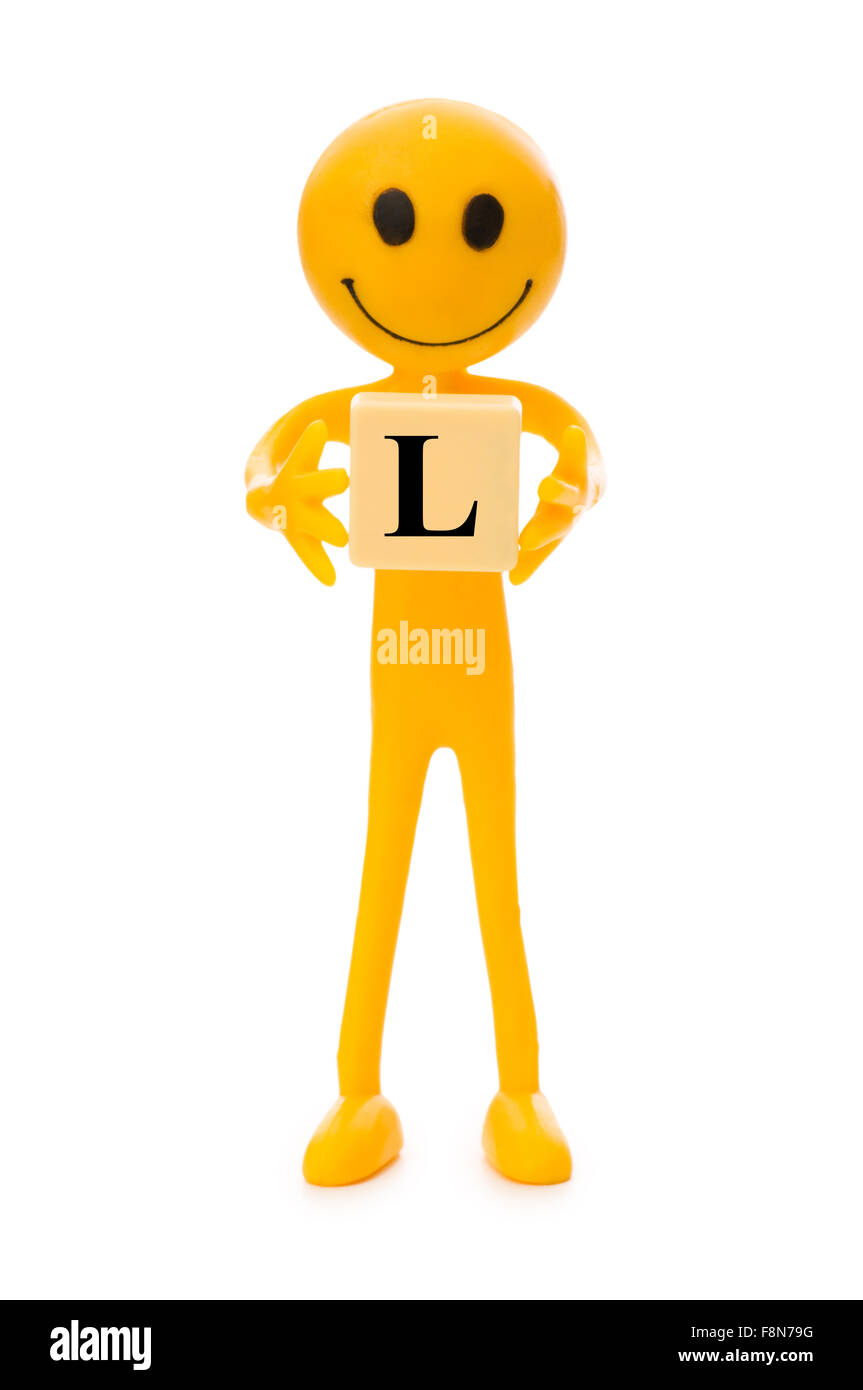 Smiley holding the letter isolated on white Stock Photo - Alamy