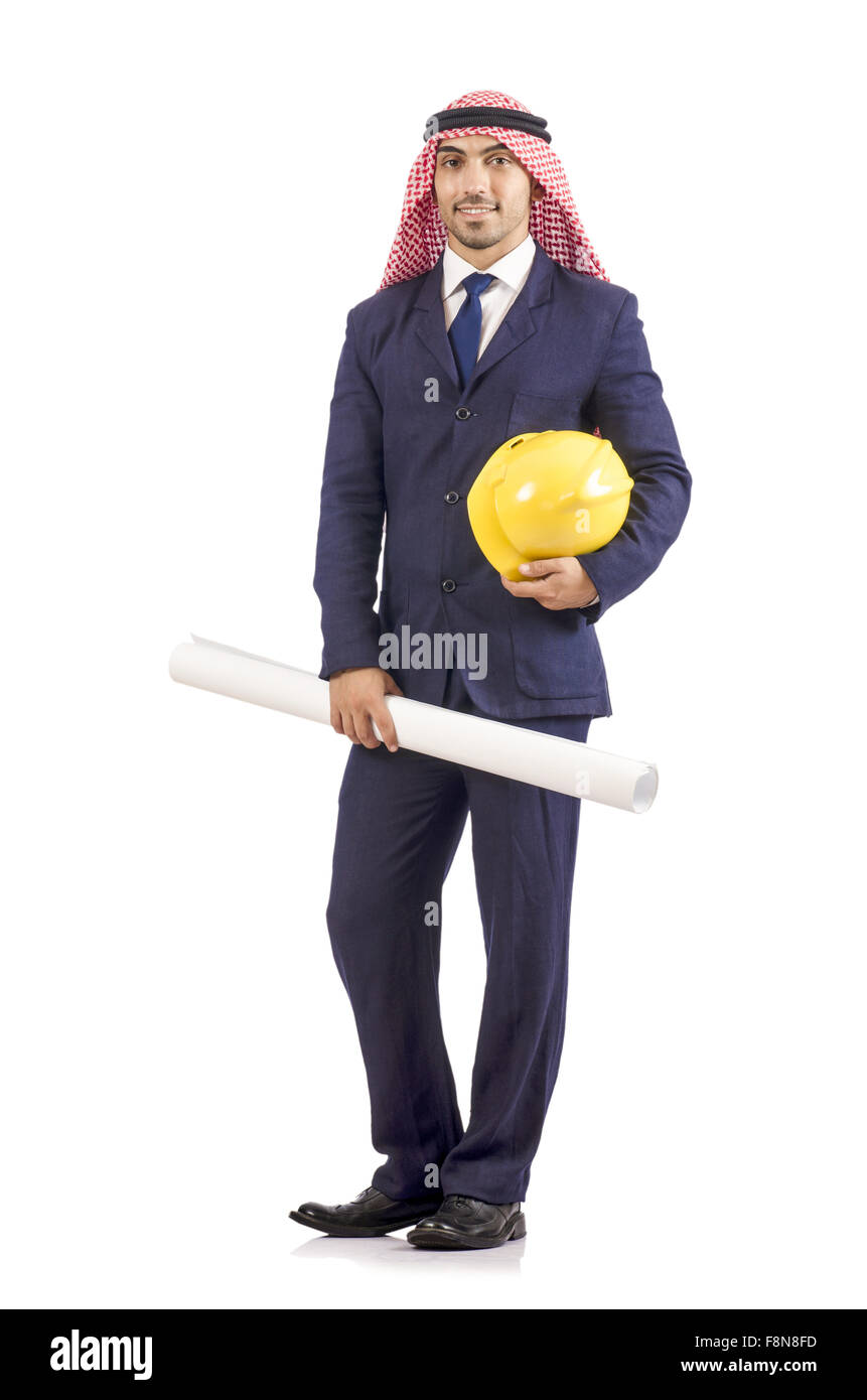 Arab engineer with drawings on white Stock Photo - Alamy