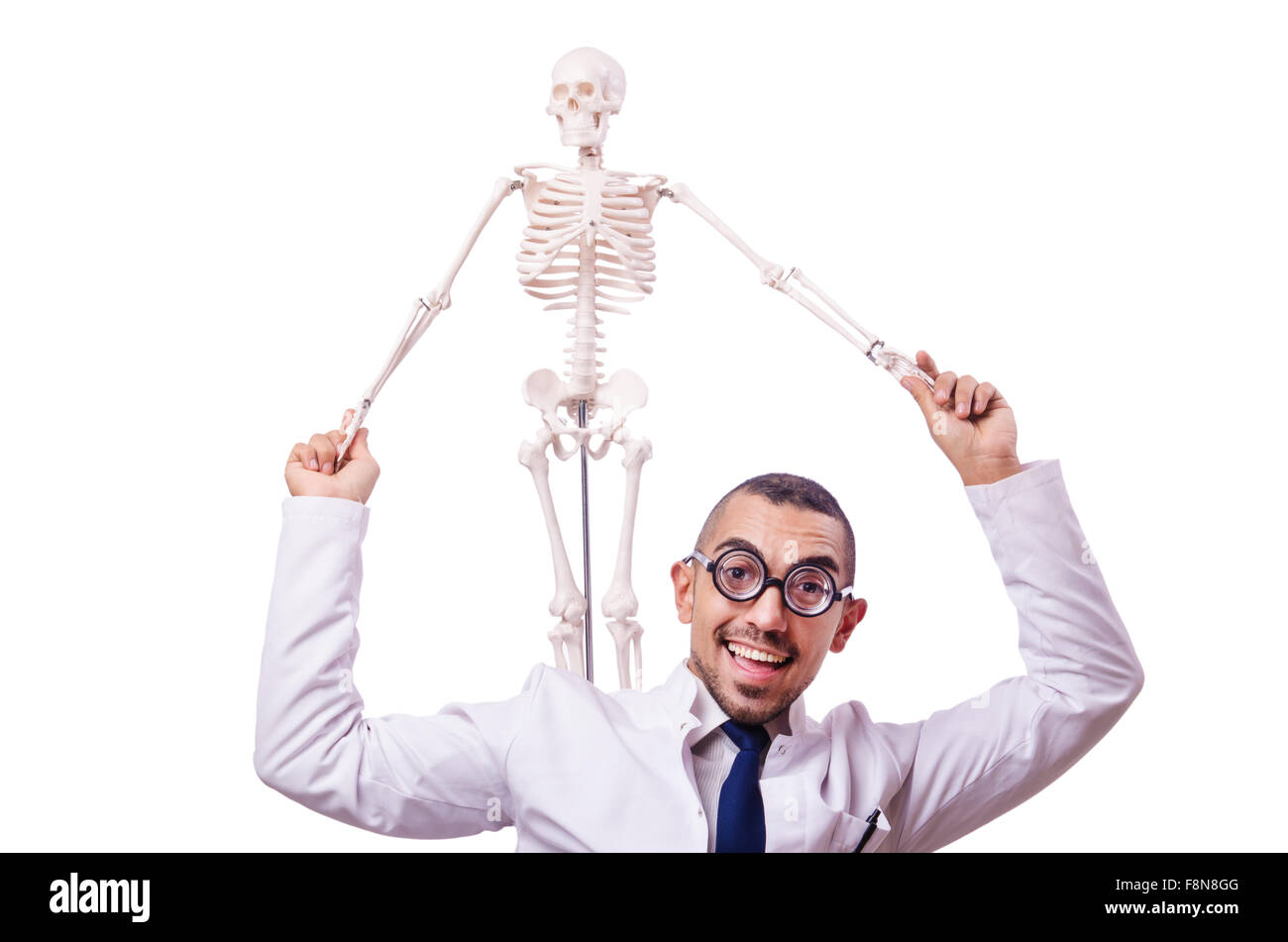 Funny doctor with skeleton isolated on white Stock Photo - Alamy