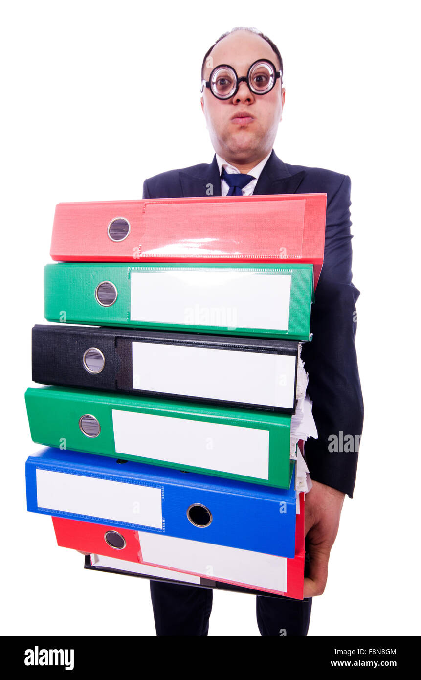 Funny man with lots of folders on white Stock Photo - Alamy