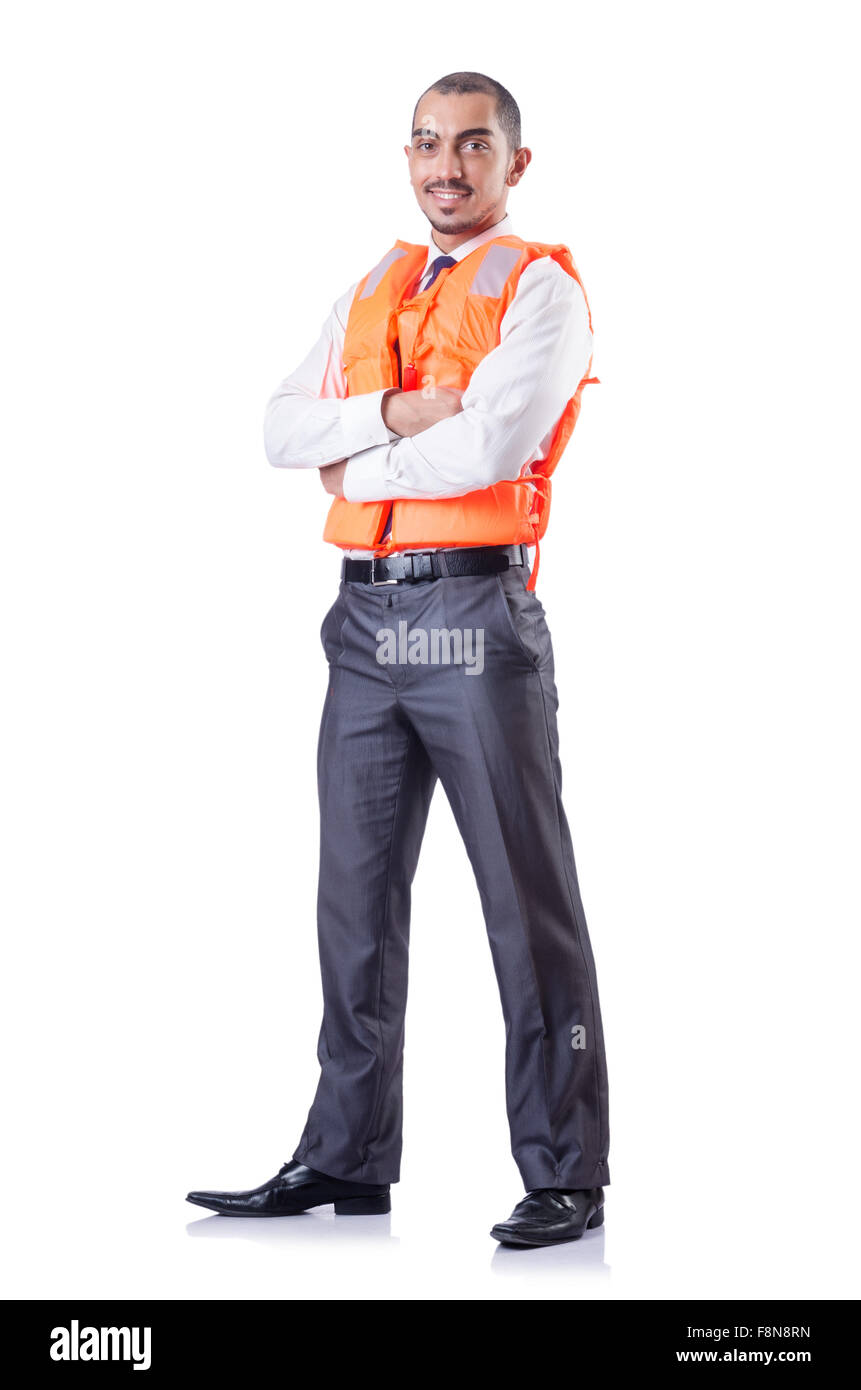 Man in life jacket isolated on white Stock Photo - Alamy