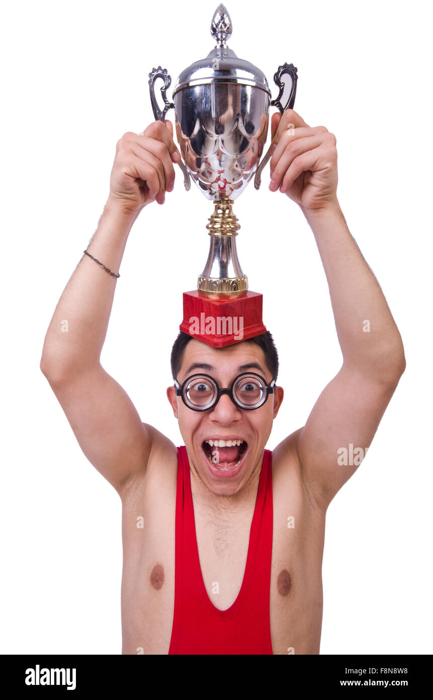Funny wrestler with winners cup Stock Photo - Alamy