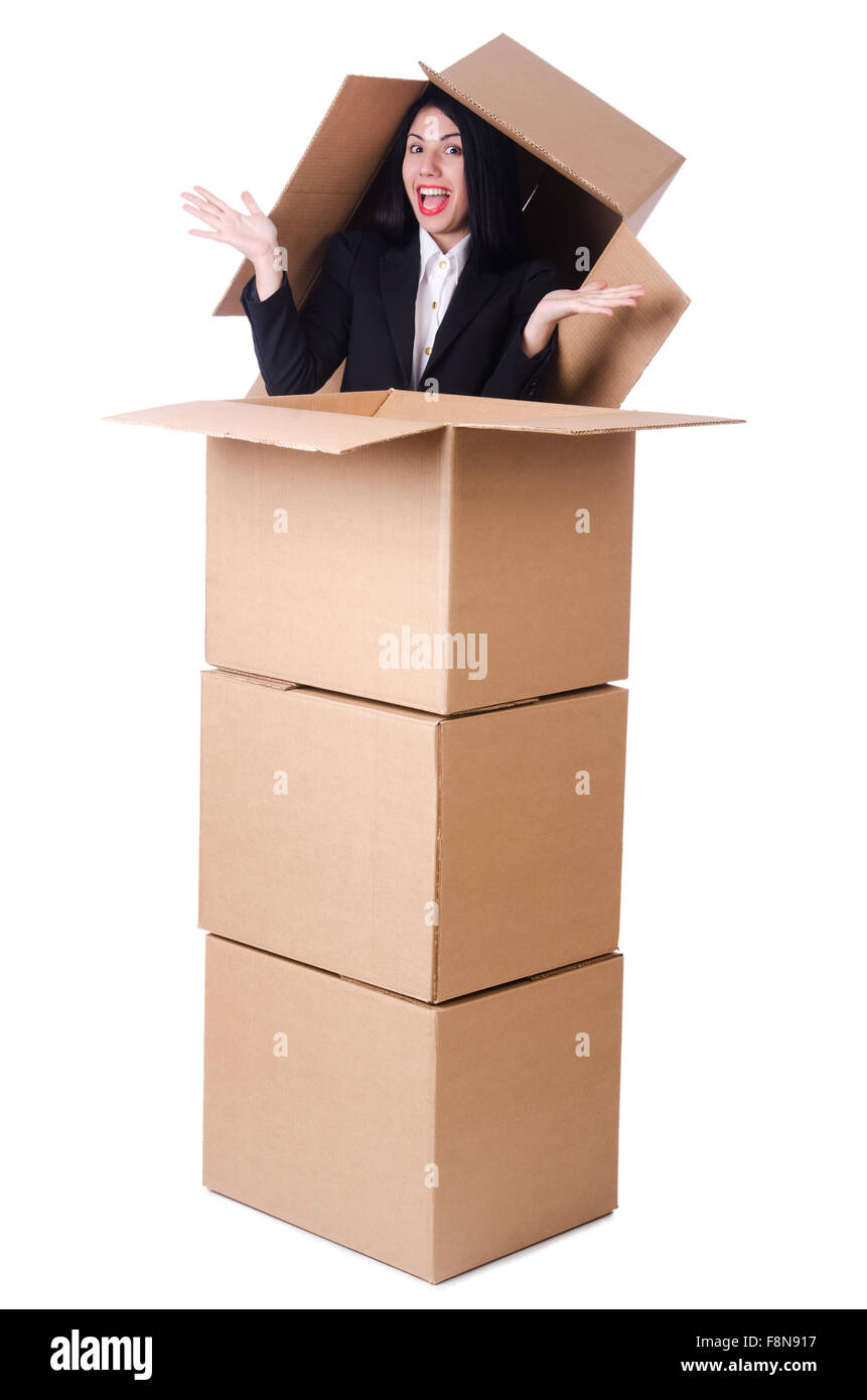 Woman with lots of boxes on white Stock Photo - Alamy
