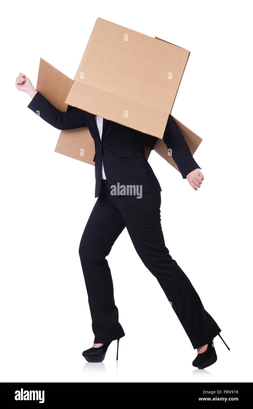 Woman with lots of boxes on white Stock Photo - Alamy