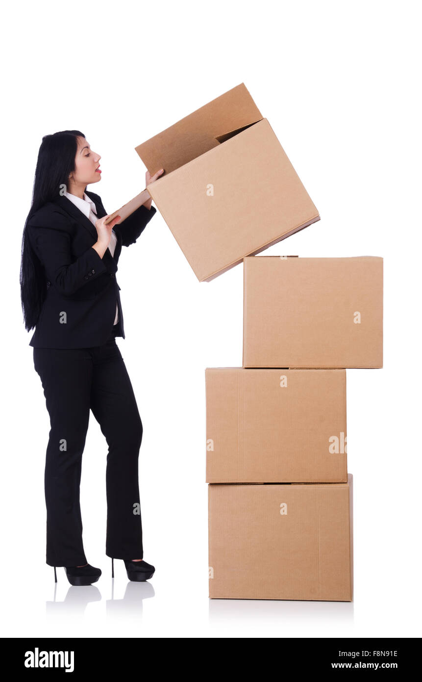 Woman with lots of boxes on white Stock Photo - Alamy