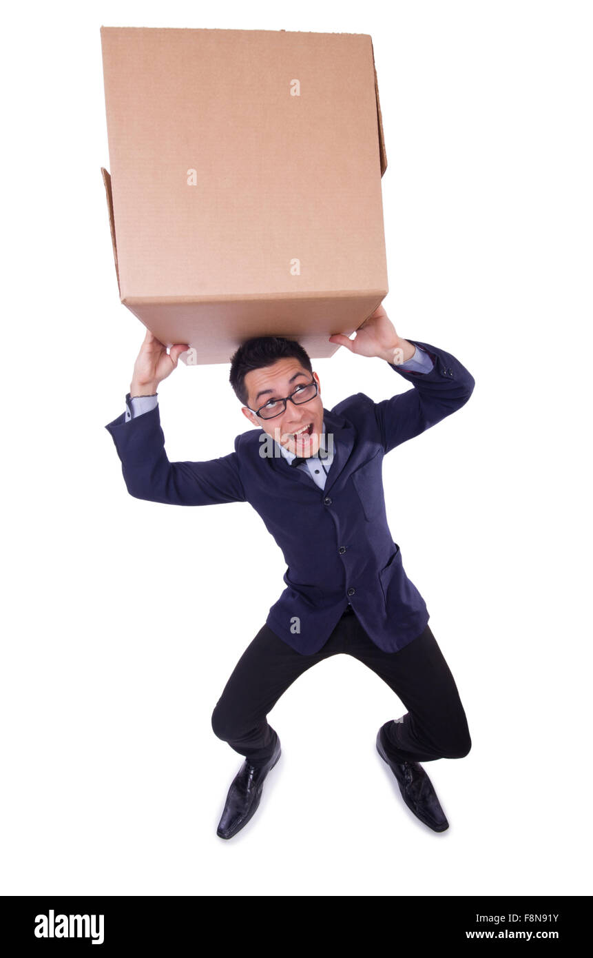 Funny man with box on white Stock Photo - Alamy