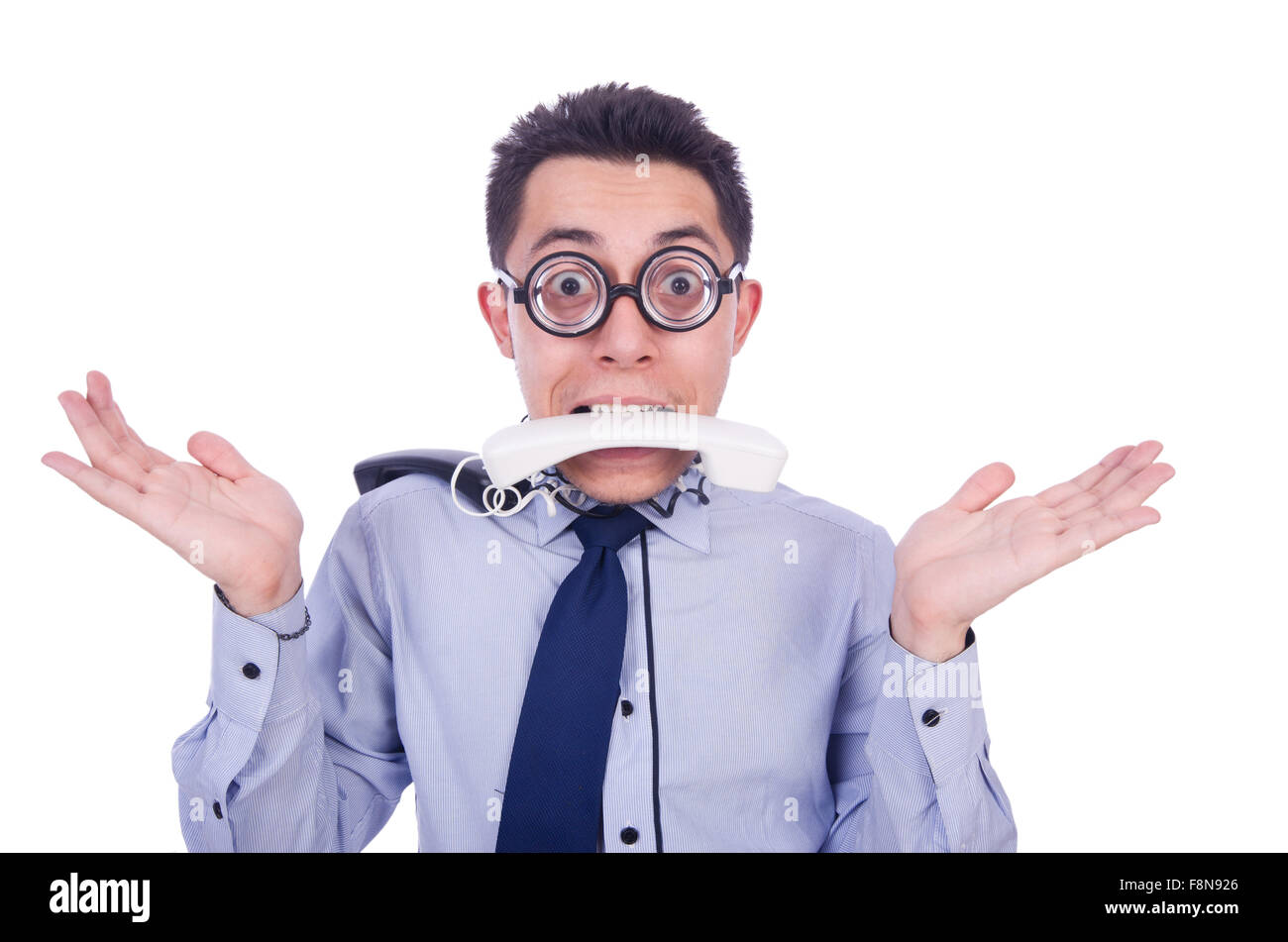 Crazy man with phone on white Stock Photo - Alamy