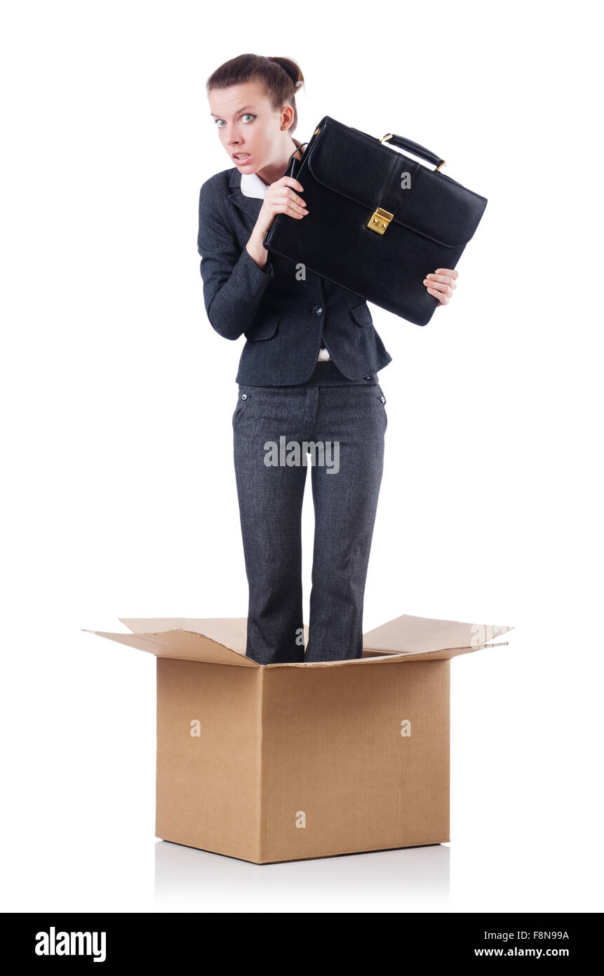 Woman with boxes on white Stock Photo - Alamy