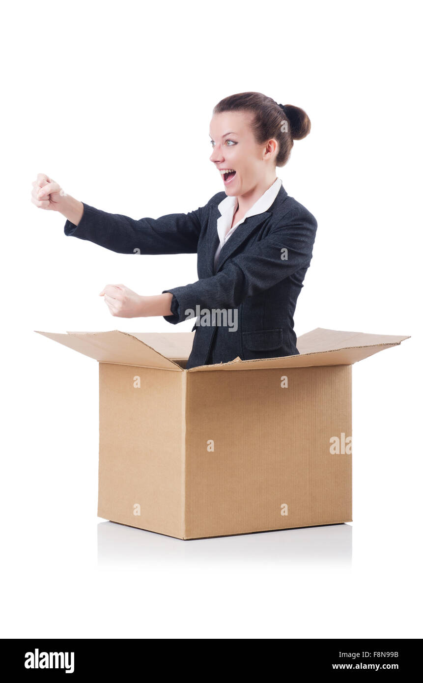 Woman with boxes on white Stock Photo - Alamy