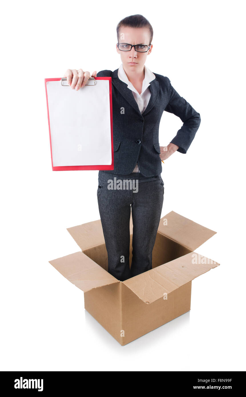 Woman with paper pad out of box Stock Photo - Alamy