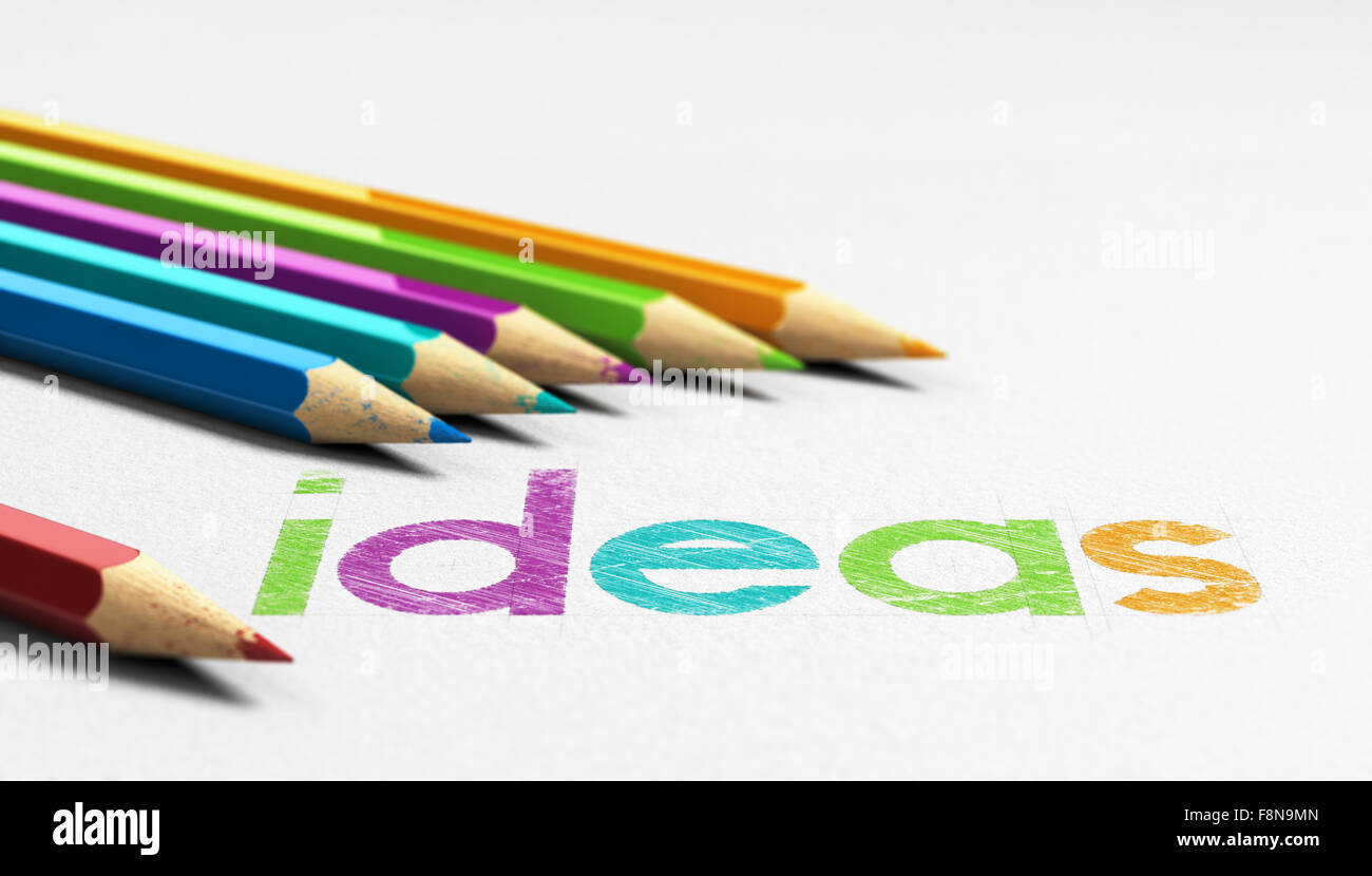 Word ideas handwritten on a paper texture with six colorful wooden ...