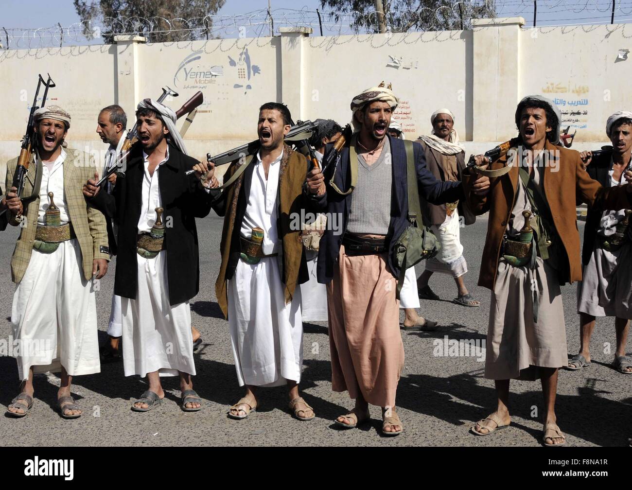 Sanaa, Yemen. 10th Dec, 2015. Yemeni tribal men attend a rally against ...