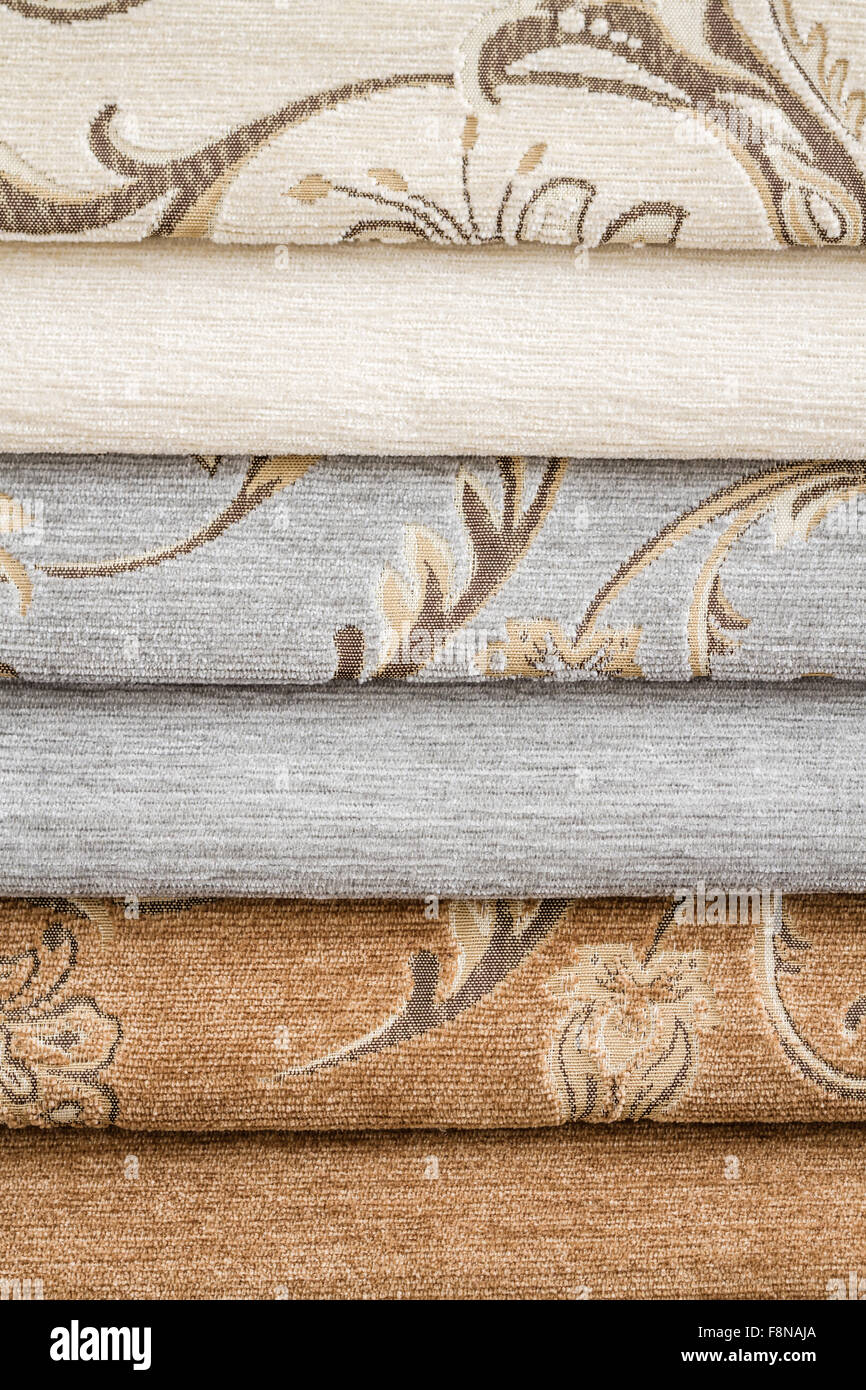 Close up detail of white, gray and yellow fabric texture samples Stock ...