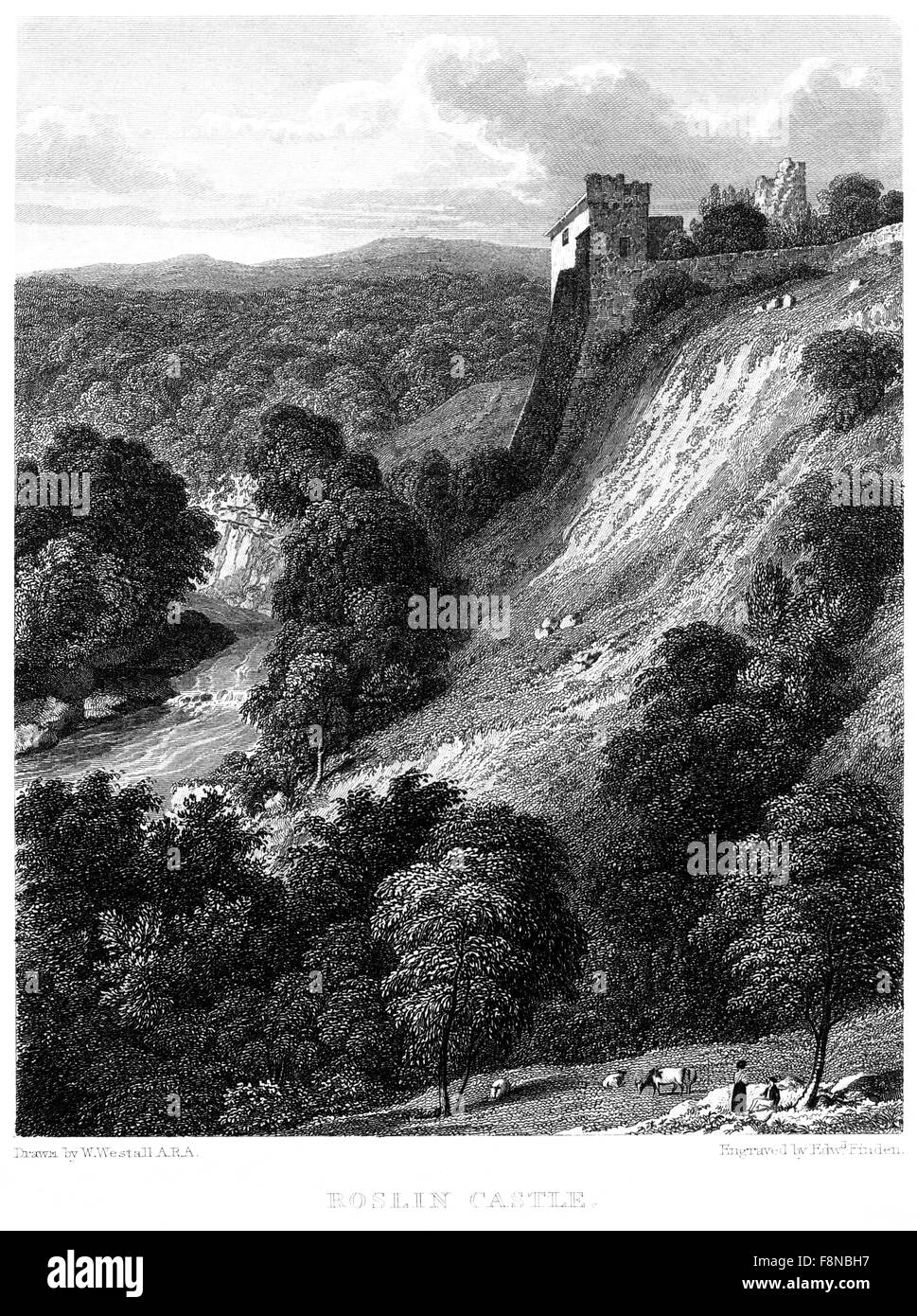 An engraving of Roslin Castle (Rosslyn Castle) scanned at high ...