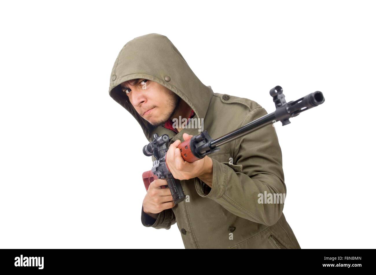 Man with a gun isolated on white Stock Photo - Alamy