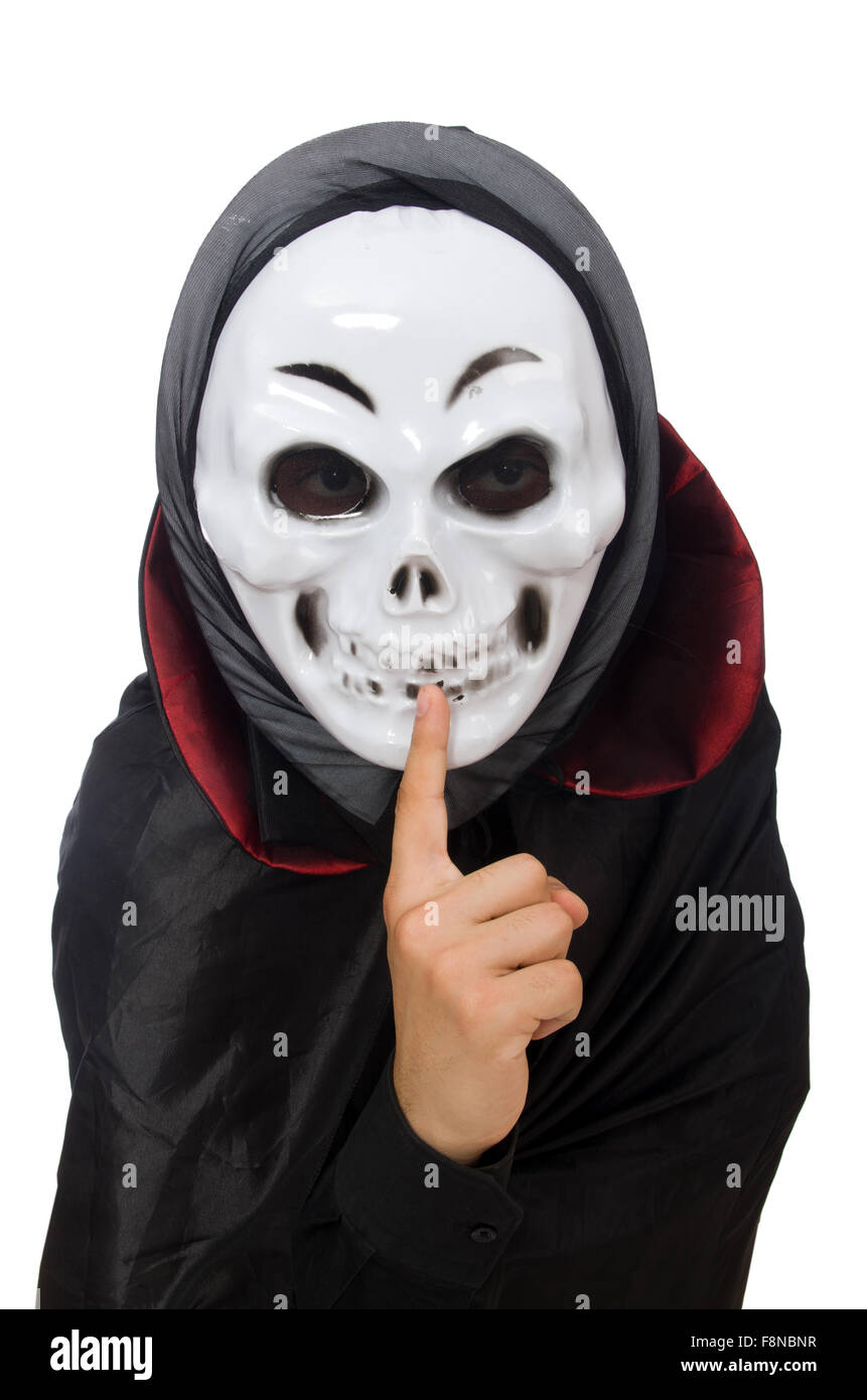 Man in horror costume with mask isolated on white Stock Photo - Alamy