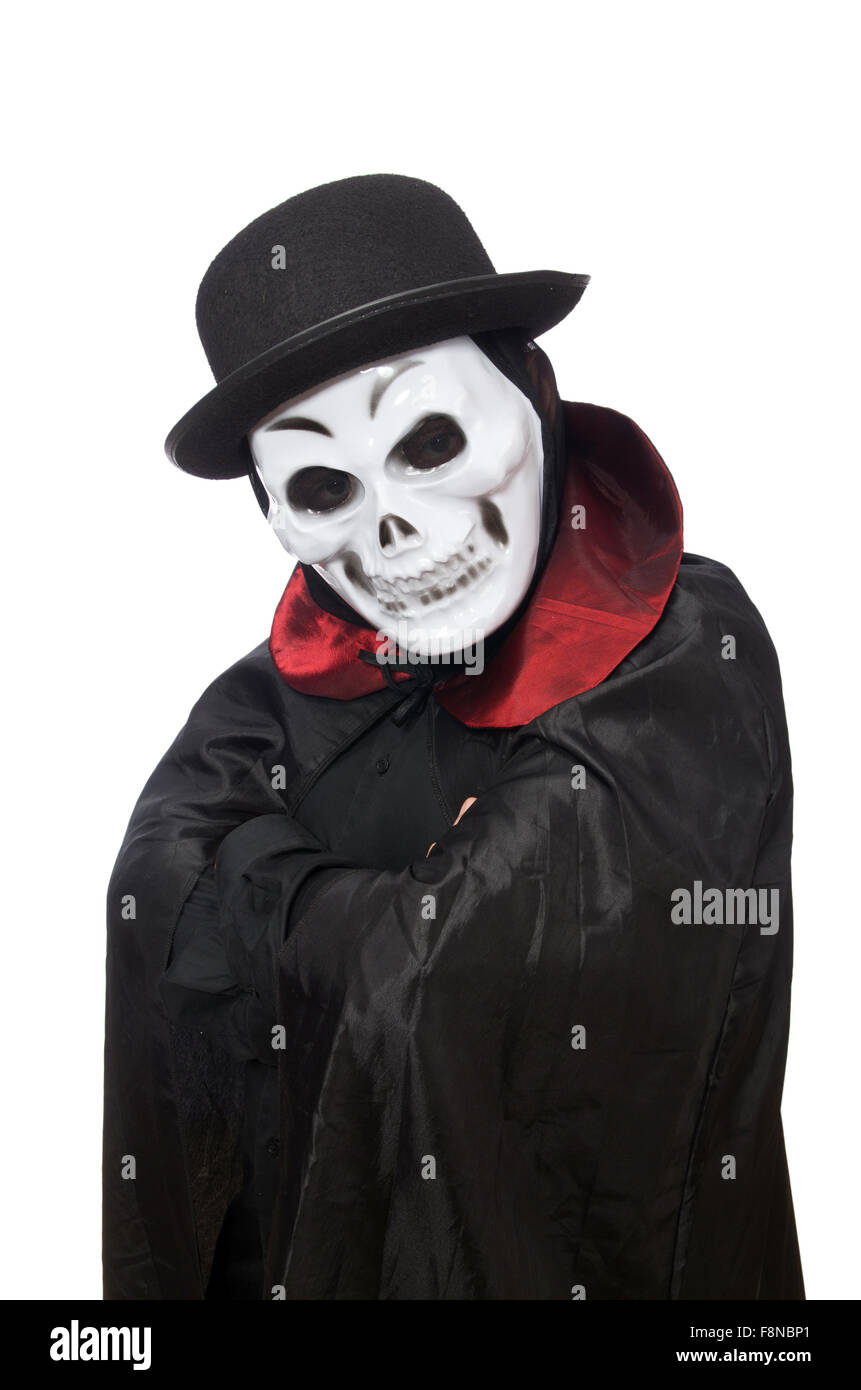 Man in horror costume with mask isolated on white Stock Photo - Alamy