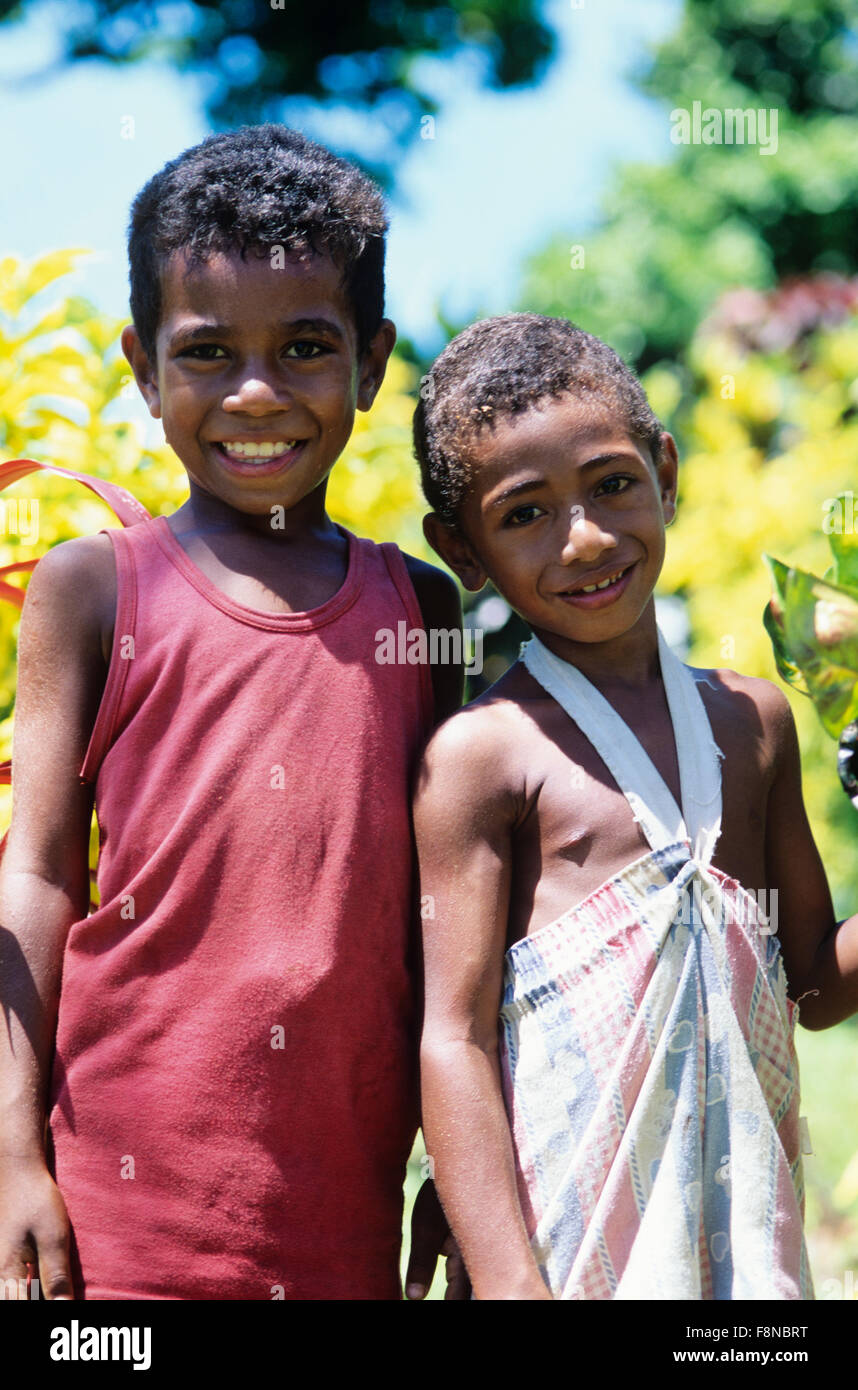 Fiji Islands, Fijian native boy and girl portrait near Bouma National ...