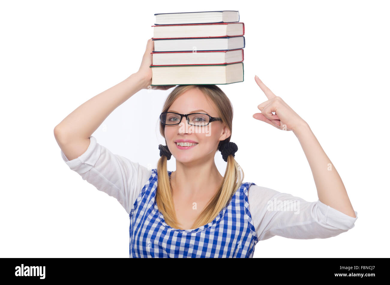 Funny student with stack of books Stock Photo - Alamy