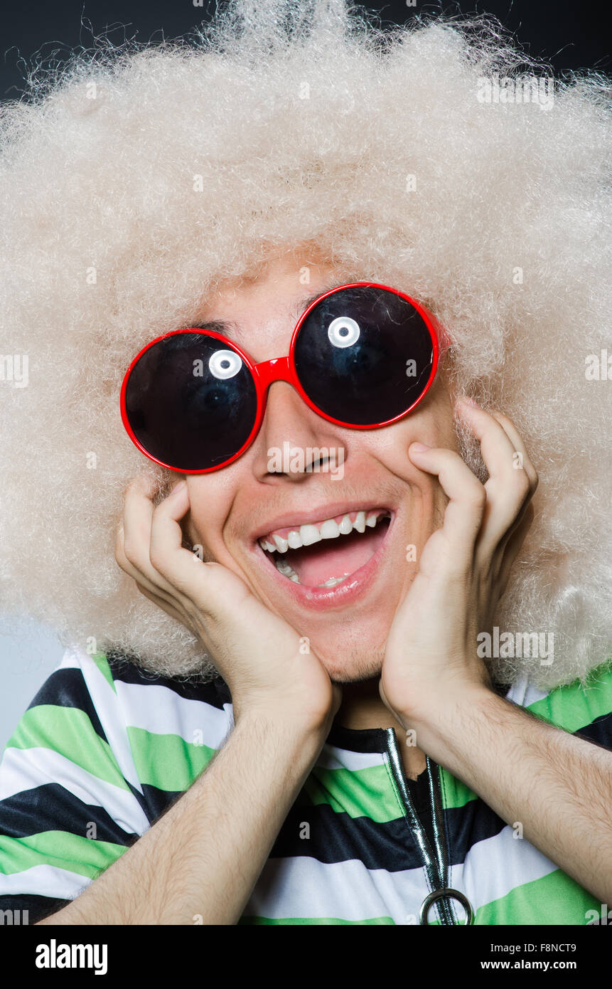 Funny man with afro hairstyle isolated on white Stock Photo - Alamy