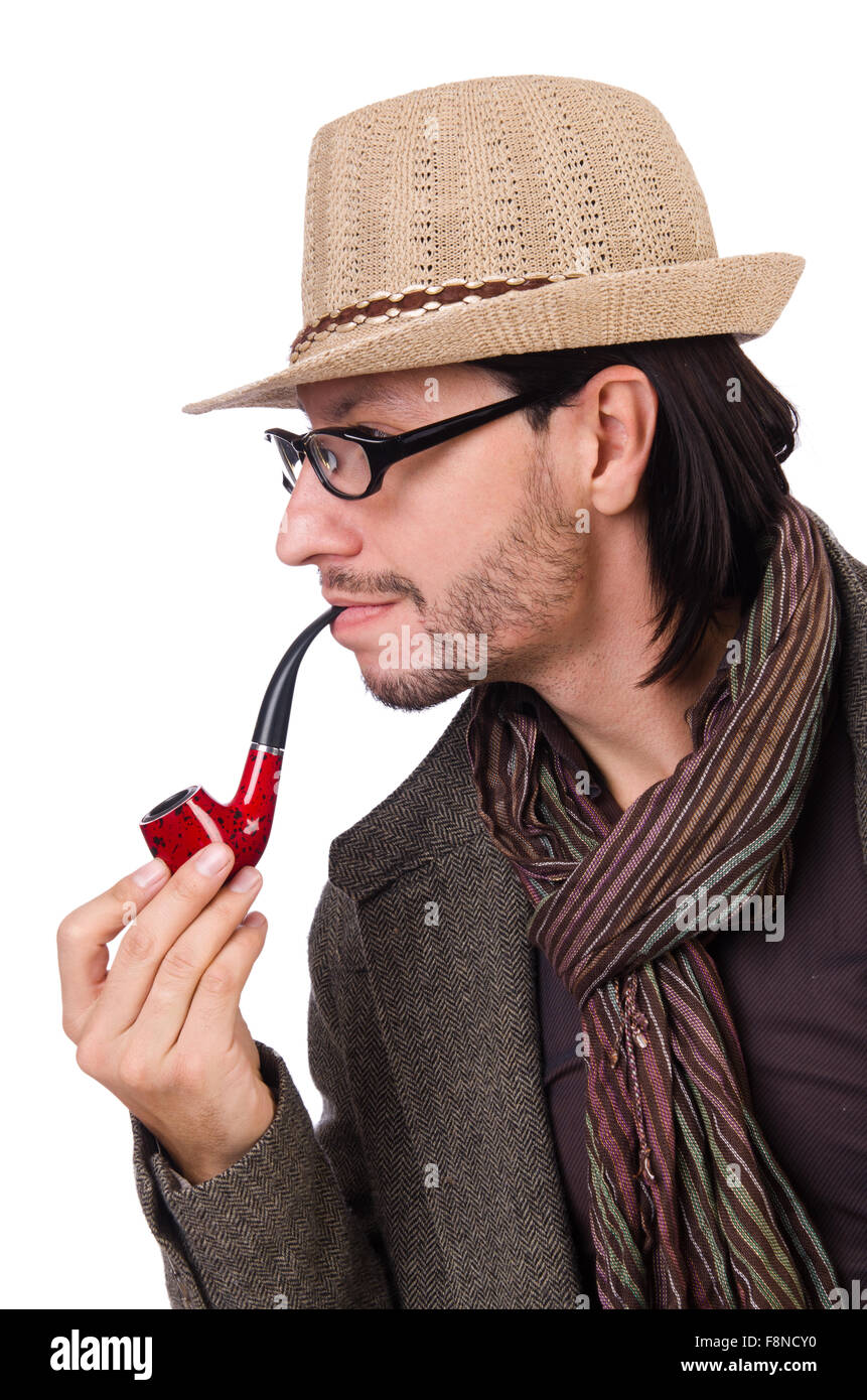 Young detective with pipe isolated on white Stock Photo - Alamy