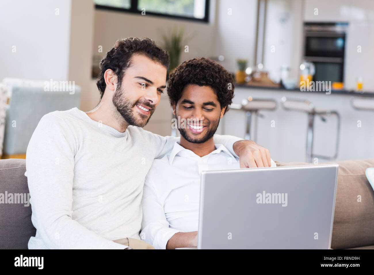Happy gay couple using laptop Stock Photo - Alamy