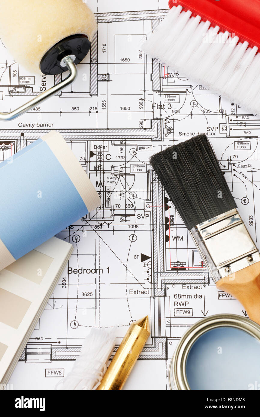 Decorating Components Arranged On House Plans Stock Photo - Alamy