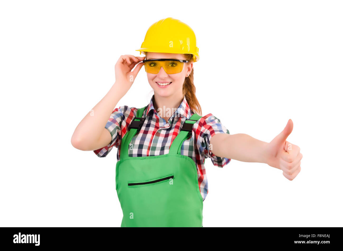 Female handyman in overalls isolated on white Stock Photo - Alamy