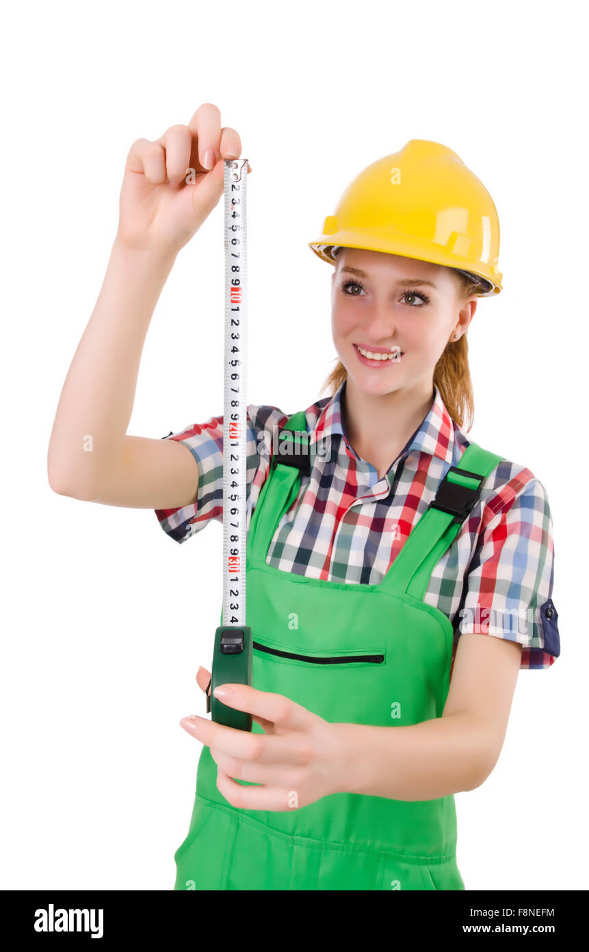 Female handyman in overalls isolated on white Stock Photo - Alamy