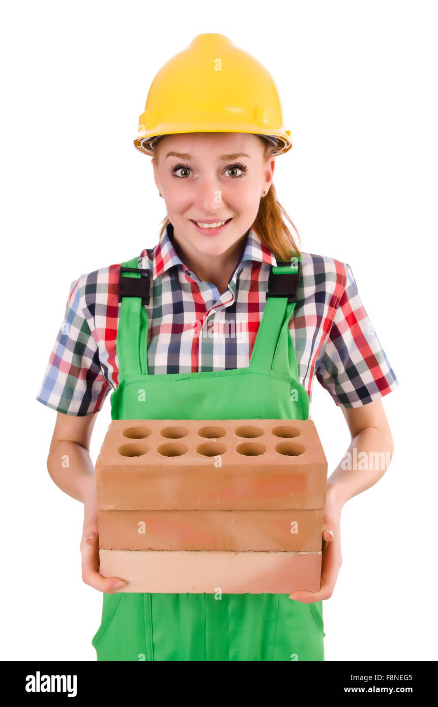 Woman with bricks isolated on white Stock Photo - Alamy