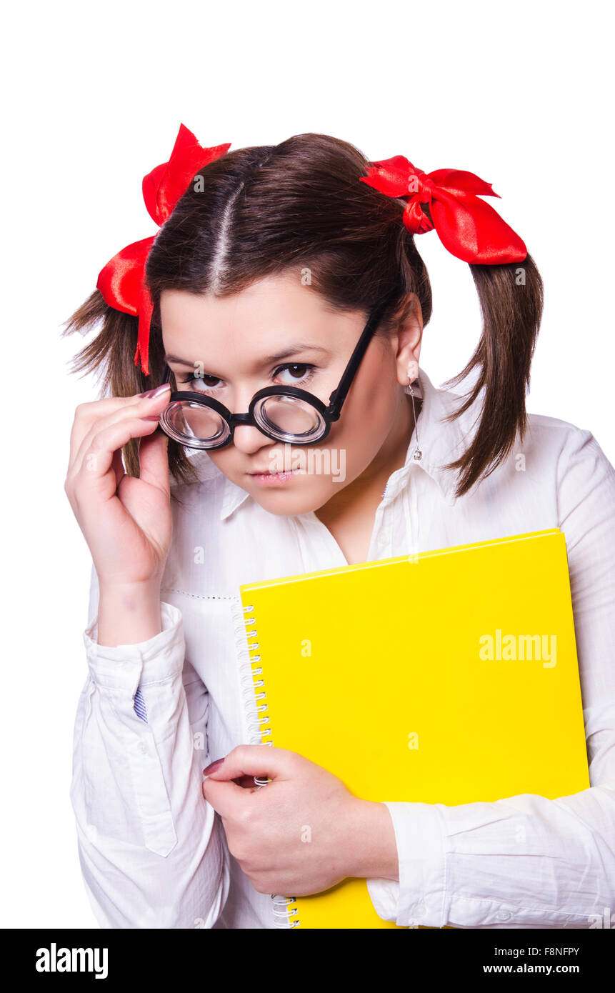 Funny girl with book on white Stock Photo - Alamy