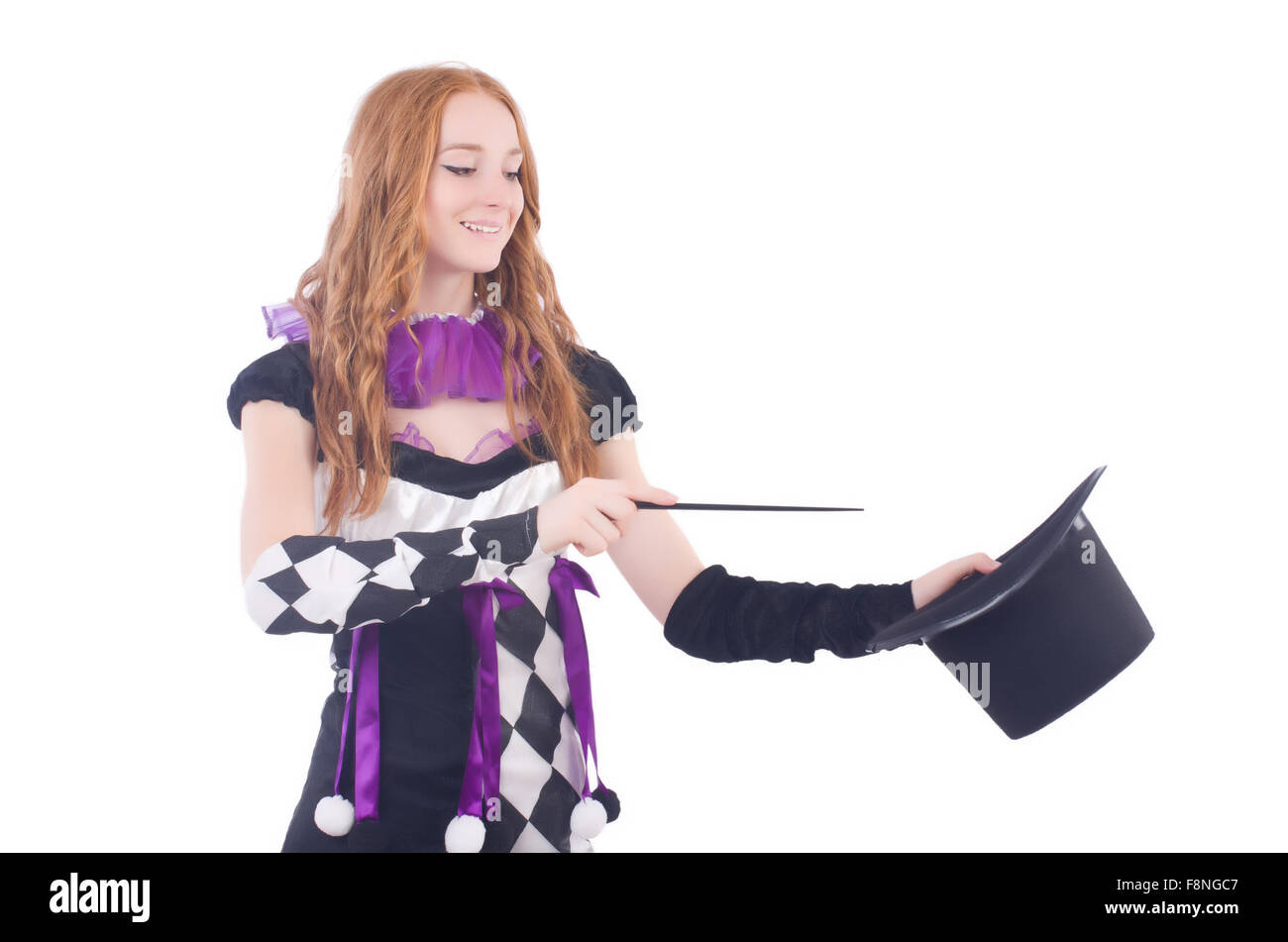 Magician woman with wand on white Stock Photo - Alamy