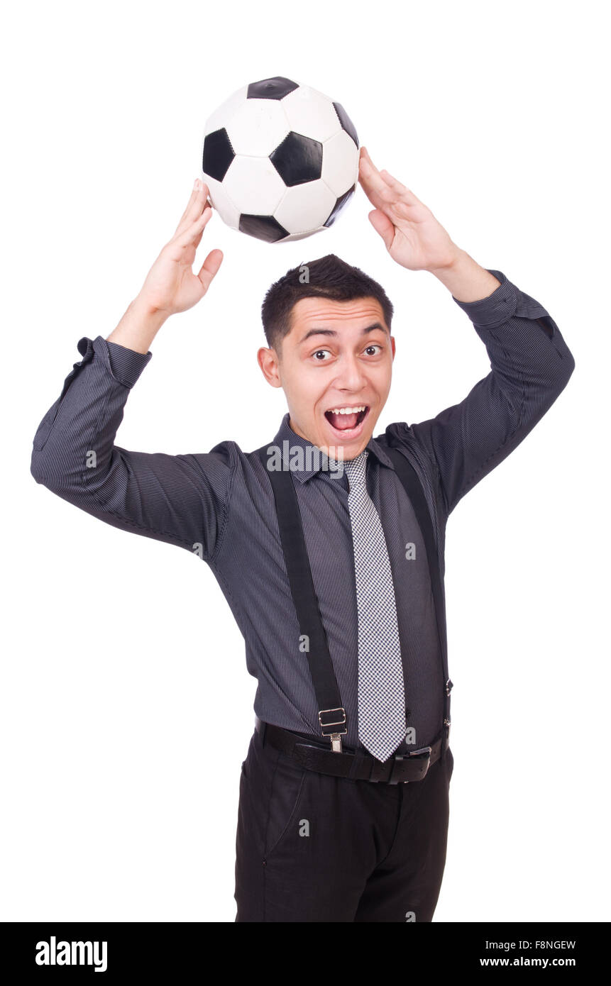 Funny man with football isolated on white Stock Photo - Alamy