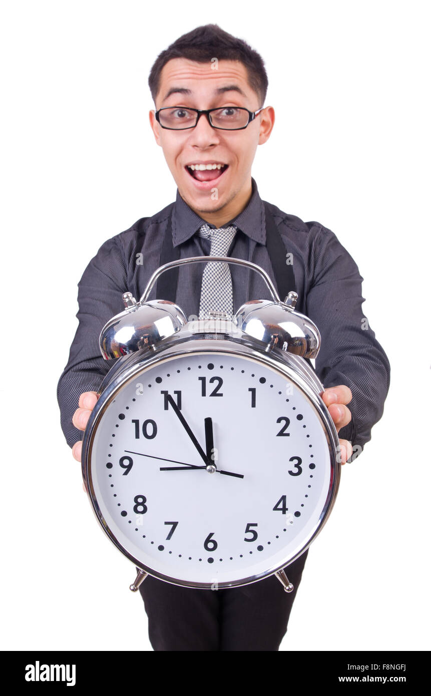 Funny businessman with clock isolated on white Stock Photo - Alamy