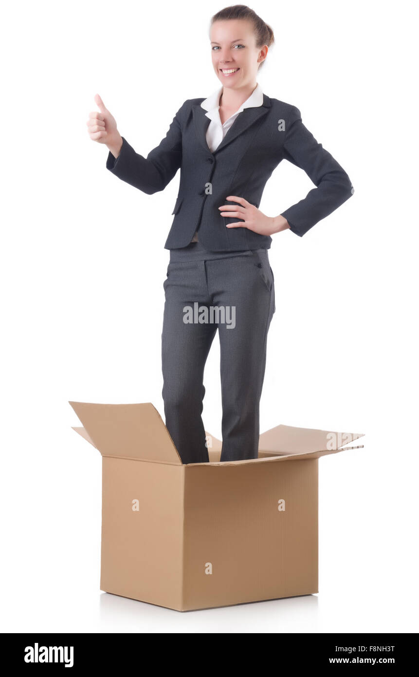 Woman with boxes on white Stock Photo - Alamy